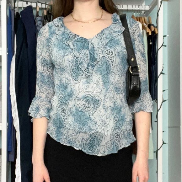 Tops | Vintage Blue Ruffle Blouse | Poshmark